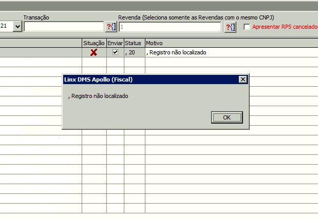 Registro não localizado | Envio de RPS - Automotivo - Linx Share