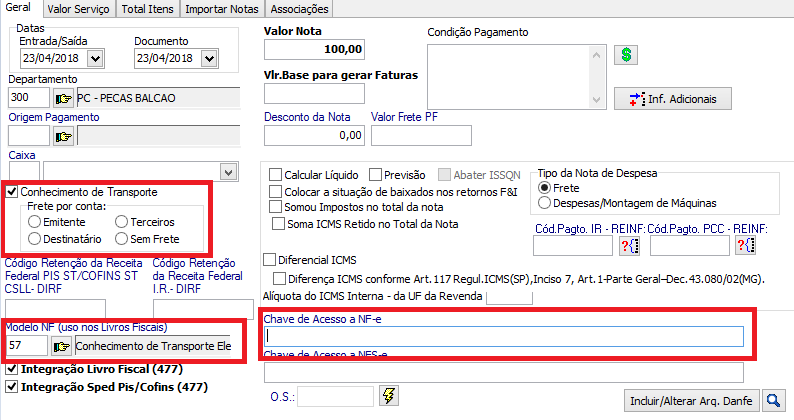 Notas de conhecimento de transporte (Modelo 57) não estão sendo geradas ...