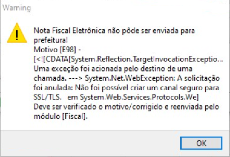 E98 - Não foi possível criar um canal seguro SSL/TLS - NFS-e - Automotivo - Linx Share
